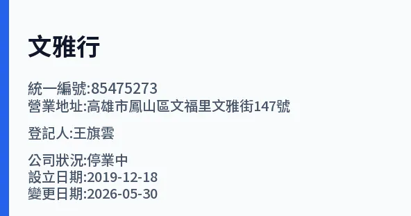 文雅行的照片-統編 85475273(高雄市) 公司登記資料與營業項目詳細圖表