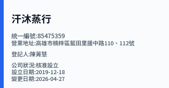 汗沐蒸行的照片-統編 85475359(高雄市) 公司登記資料與營業項目詳細圖表