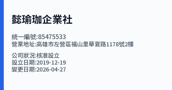 懿瑜珈企業社的照片-統編 85475533(高雄市) 公司登記資料與營業項目詳細圖表