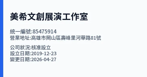 美希文創展演工作室的照片-統編 85475914(高雄市) 公司登記資料與營業項目詳細圖表