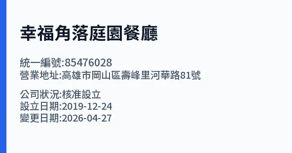 幸福角落庭園餐廳的照片-統編 85476028(高雄市) 公司登記資料與營業項目詳細圖表