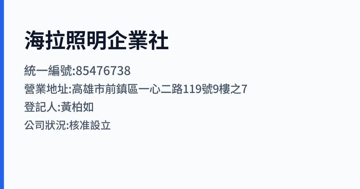 海拉照明企業社 - 統編 85476738(高雄市) 公司登記資料與營業項目詳細圖表