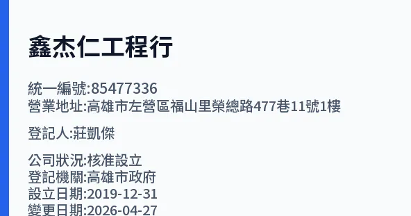 鑫杰仁工程行的照片-統編 85477336(高雄市) 公司登記資料與營業項目詳細圖表