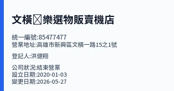 文橫娯樂選物販賣機店的照片-統編 85477477(高雄市) 公司登記資料與營業項目詳細圖表