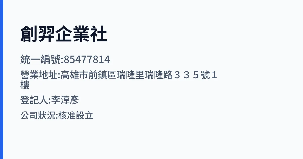 創羿企業社 - 統編 85477814(高雄市) 公司登記資料與營業項目詳細圖表