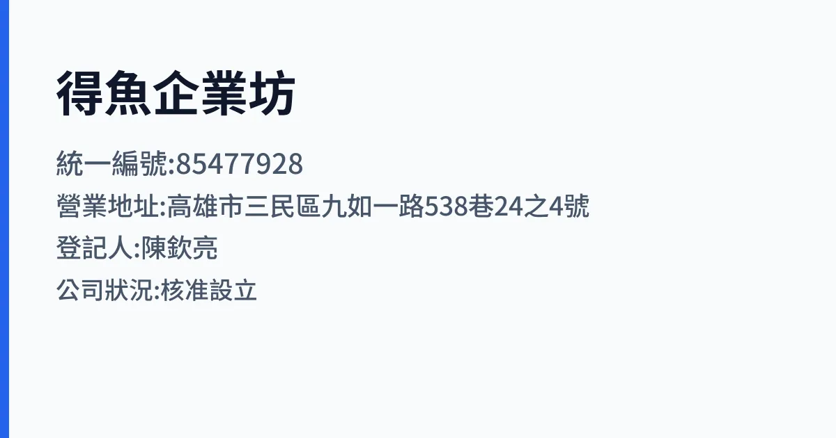 得魚企業坊 - 統編 85477928(高雄市) 公司登記資料與營業項目詳細圖表