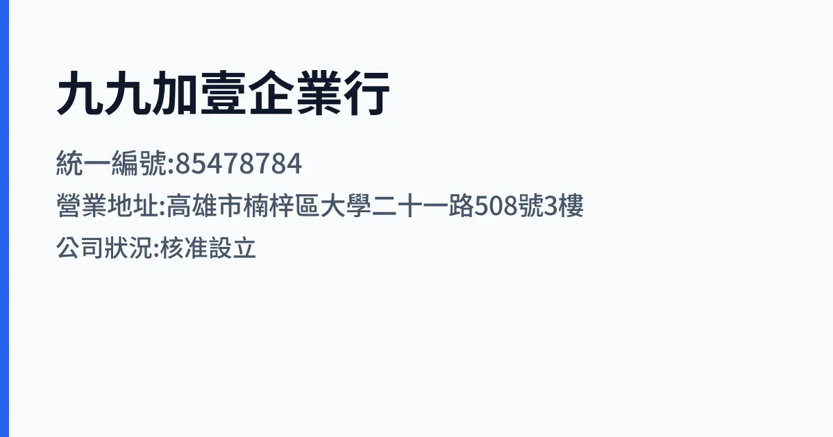 九九加壹企業行 - 統編 85478784(高雄市) 公司登記資料與營業項目詳細圖表