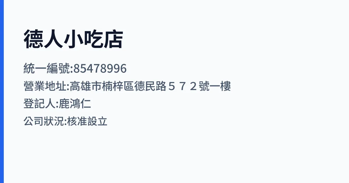 德人小吃店 - 統編 85478996(高雄市) 公司登記資料與營業項目詳細圖表