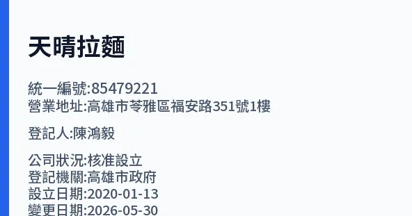 天晴拉麵的照片-統編 85479221(高雄市) 公司登記資料與營業項目詳細圖表