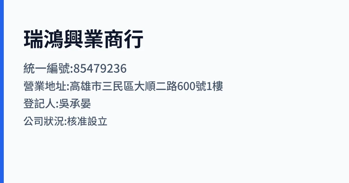 瑞鴻興業商行 - 統編 85479236(高雄市) 公司登記資料與營業項目詳細圖表