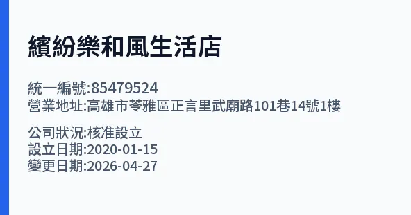 繽紛樂和風生活店的照片-統編 85479524(高雄市) 公司登記資料與營業項目詳細圖表
