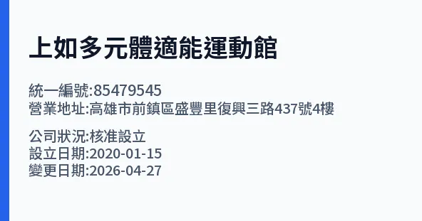 上如多元體適能運動館的照片-統編 85479545(高雄市) 公司登記資料與營業項目詳細圖表