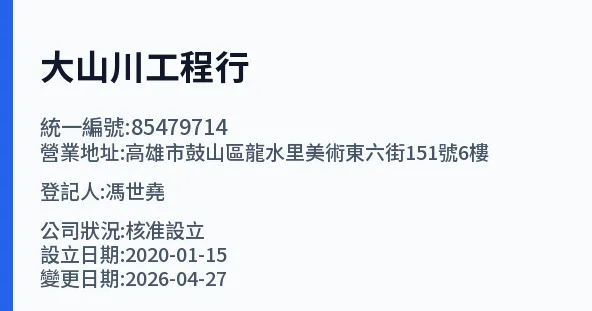 大山川工程行的照片-統編 85479714(高雄市) 公司登記資料與營業項目詳細圖表