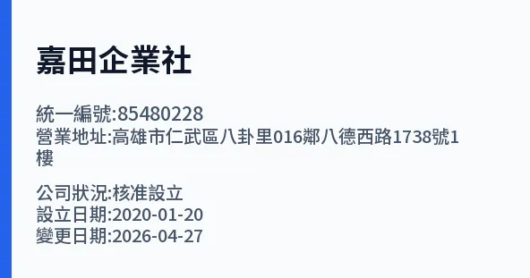 嘉田企業社的照片-統編 85480228(高雄市) 公司登記資料與營業項目詳細圖表