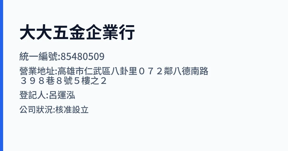 大大五金企業行 - 統編 85480509(高雄市) 公司登記資料與營業項目詳細圖表