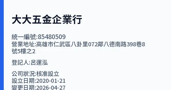大大五金企業行的照片-統編 85480509(高雄市) 公司登記資料與營業項目詳細圖表