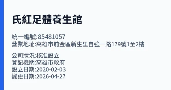 氏紅足體養生館的照片-統編 85481057(高雄市) 公司登記資料與營業項目詳細圖表