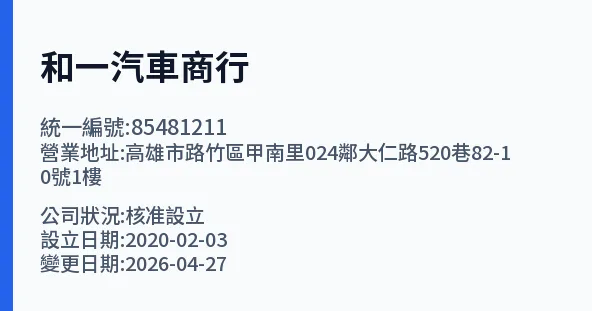 和一汽車商行的照片-統編 85481211(高雄市) 公司登記資料與營業項目詳細圖表