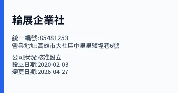 輪展企業社的照片-統編 85481253(高雄市) 公司登記資料與營業項目詳細圖表