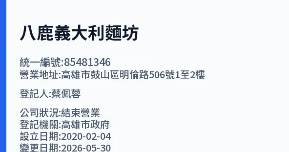 八鹿義大利麵坊的照片-統編 85481346(高雄市) 公司登記資料與營業項目詳細圖表