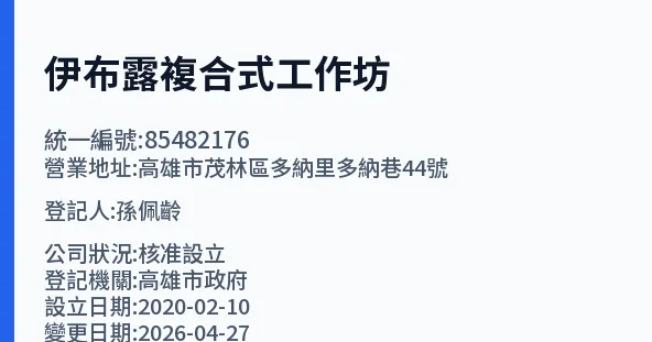 伊布露複合式工作坊的照片-統編 85482176(高雄市) 公司登記資料與營業項目詳細圖表