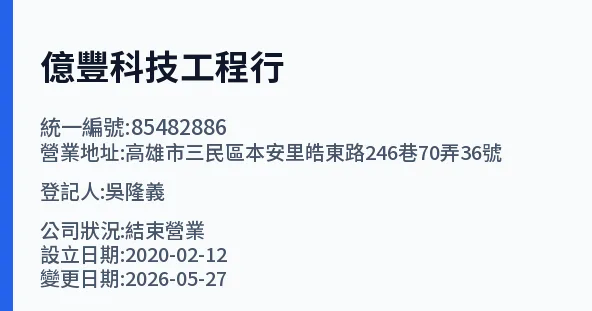 億豐科技工程行的照片-統編 85482886(高雄市) 公司登記資料與營業項目詳細圖表