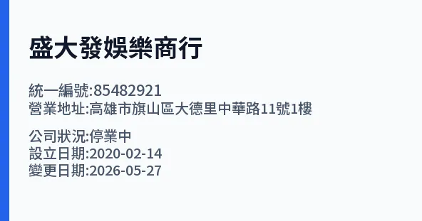 盛大發娛樂商行的照片-統編 85482921(高雄市) 公司登記資料與營業項目詳細圖表