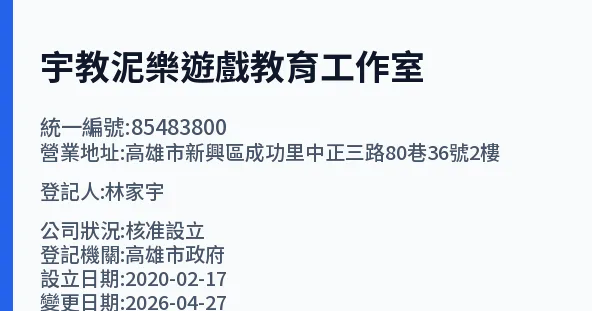 宇教泥樂遊戲教育工作室的照片-統編 85483800(高雄市) 公司登記資料與營業項目詳細圖表