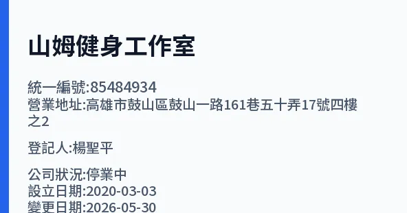 山姆健身工作室的照片-統編 85484934(高雄市) 公司登記資料與營業項目詳細圖表
