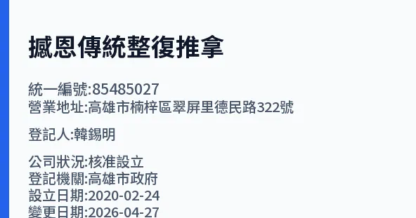 撼恩傳統整復推拿的照片-統編 85485027(高雄市) 公司登記資料與營業項目詳細圖表