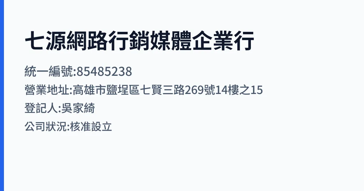 七源網路行銷媒體企業行 - 統編 85485238(高雄市) 公司登記資料與營業項目詳細圖表