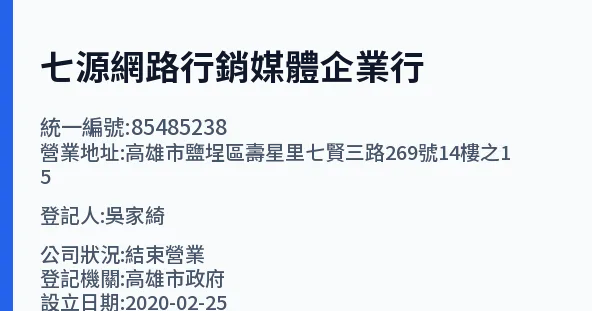 七源網路行銷媒體企業行的照片-統編 85485238(高雄市) 公司登記資料與營業項目詳細圖表