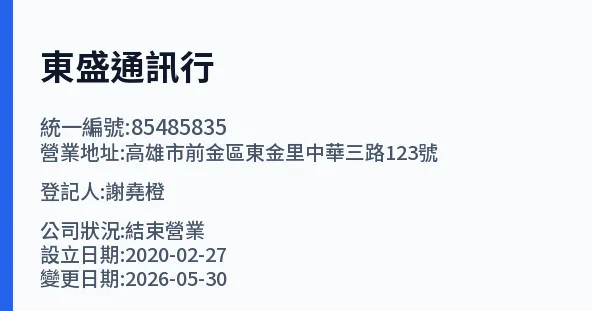 東盛通訊行的照片-統編 85485835(高雄市) 公司登記資料與營業項目詳細圖表
