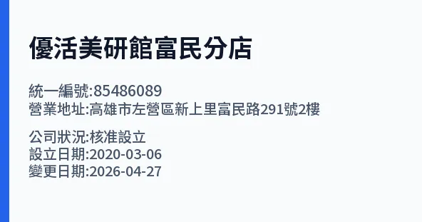 優活美研館富民分店的照片-統編 85486089(高雄市) 公司登記資料與營業項目詳細圖表