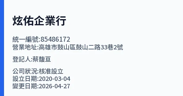 炫佑企業行的照片-統編 85486172(高雄市) 公司登記資料與營業項目詳細圖表