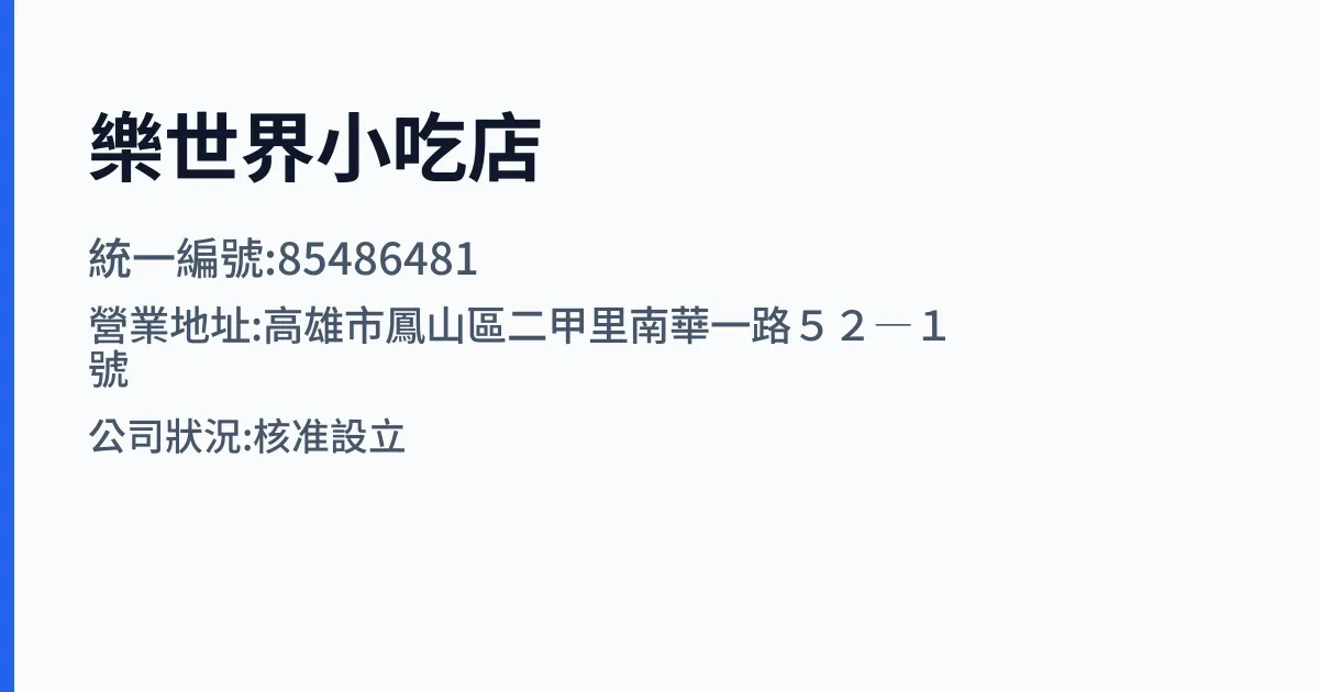 樂世界小吃店 - 統編 85486481(高雄市) 公司登記資料與營業項目詳細圖表