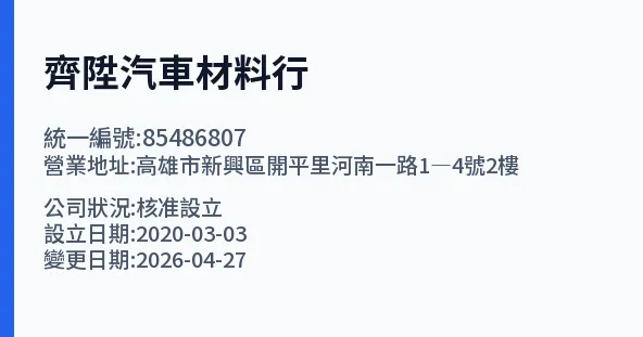 齊陞汽車材料行的照片-統編 85486807(高雄市) 公司登記資料與營業項目詳細圖表