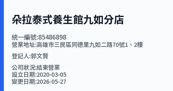 朵拉泰式養生館九如分店的照片-統編 85486898(高雄市) 公司登記資料與營業項目詳細圖表