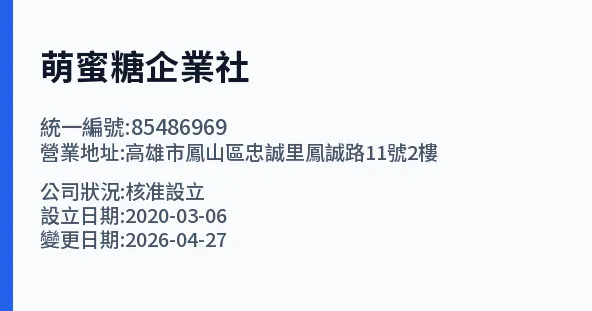萌蜜糖企業社的照片-統編 85486969(高雄市) 公司登記資料與營業項目詳細圖表