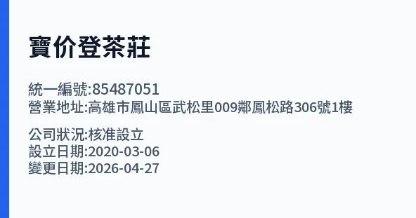 寶价登茶莊的照片-統編 85487051(高雄市) 公司登記資料與營業項目詳細圖表