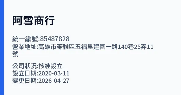 阿雪商行的照片-統編 85487828(高雄市) 公司登記資料與營業項目詳細圖表