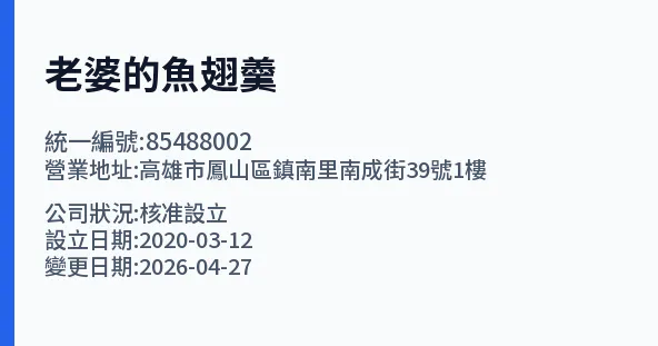老婆的魚翅羹的照片-統編 85488002(高雄市) 公司登記資料與營業項目詳細圖表