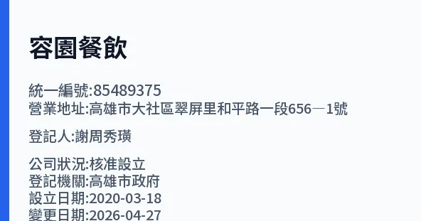 容園餐飲的照片-統編 85489375(高雄市) 公司登記資料與營業項目詳細圖表