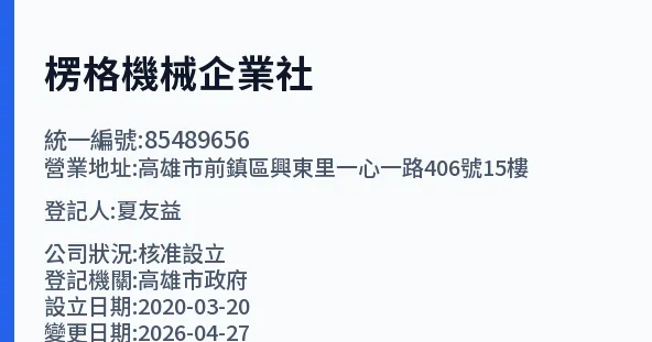 楞格機械企業社的照片-統編 85489656(高雄市) 公司登記資料與營業項目詳細圖表