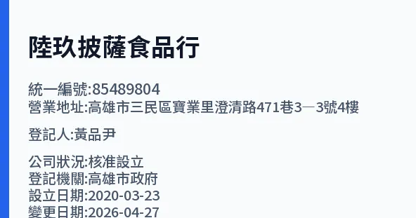 陸玖披薩食品行的照片-統編 85489804(高雄市) 公司登記資料與營業項目詳細圖表
