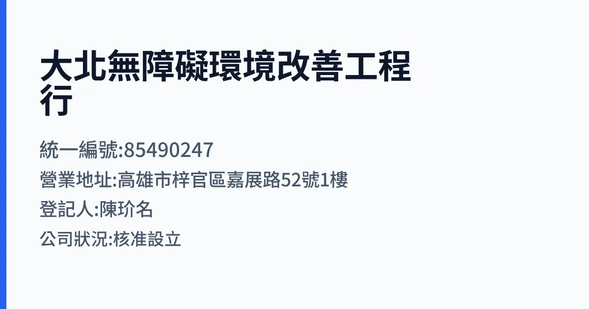 大北無障礙環境改善工程行 - 統編 85490247(高雄市) 公司登記資料與營業項目詳細圖表