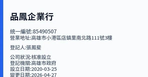 品鳳企業行的照片-統編 85490507(高雄市) 公司登記資料與營業項目詳細圖表