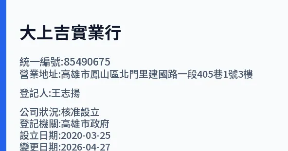 大上吉實業行的照片-統編 85490675(高雄市) 公司登記資料與營業項目詳細圖表