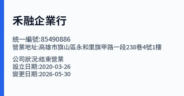 禾融企業行的照片-統編 85490886(高雄市) 公司登記資料與營業項目詳細圖表