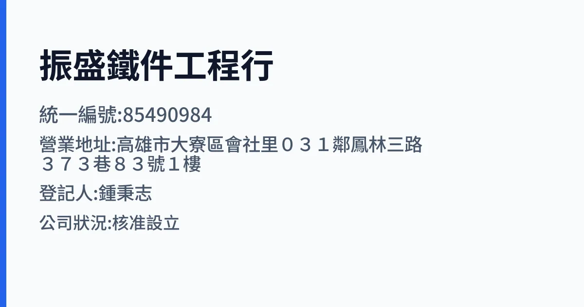 振盛鐵件工程行 - 統編 85490984(高雄市) 公司登記資料與營業項目詳細圖表